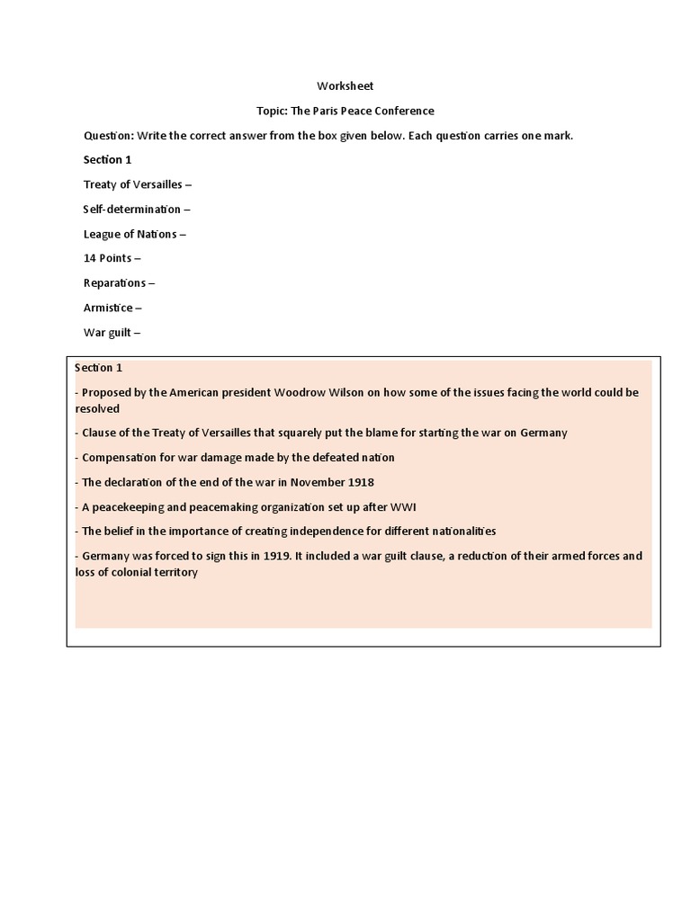 WWI Paris Peace Conference Worksheet | PDF