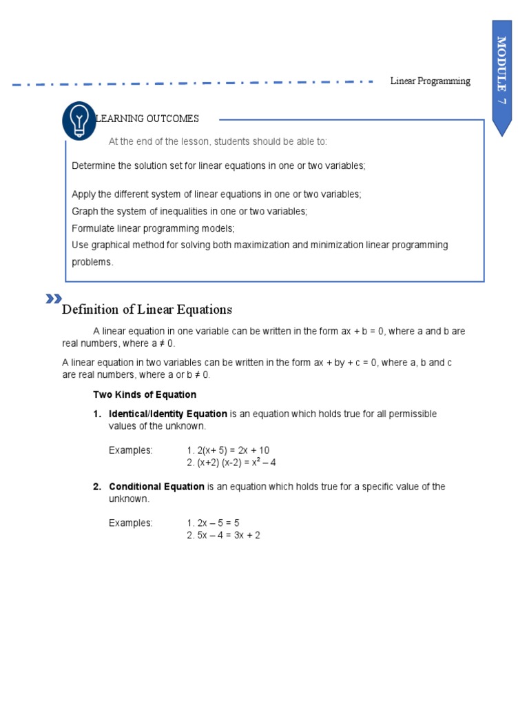 Math 1 Module 7 Linear Programming | PDF | Linear Programming | Equations