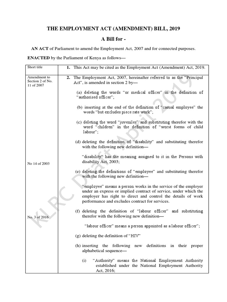 Employment Act Amendment Bill 2019 | PDF | Employment | Overtime