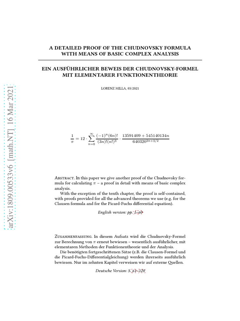 Detailed Proof For Chudnovski's Formula For Pi | PDF | Pi | Theorem