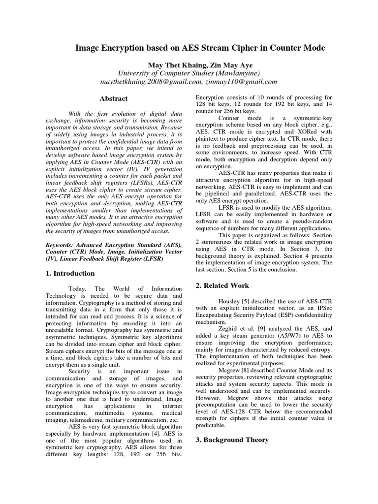 Image Encryption Based On Aes Stream Cipher In Counter Mode Pdf Encryption Cryptography