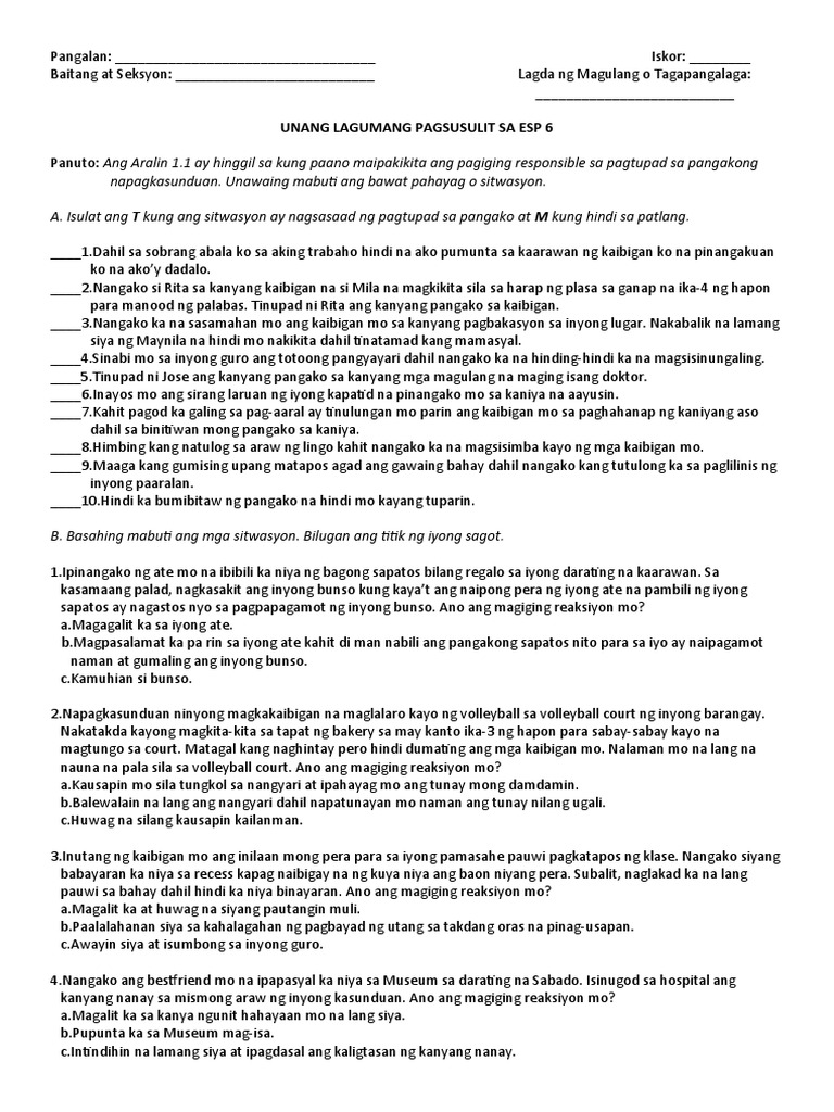 Summative 1 & 2 ESP 6 - MELC-Based (Q2) | PDF