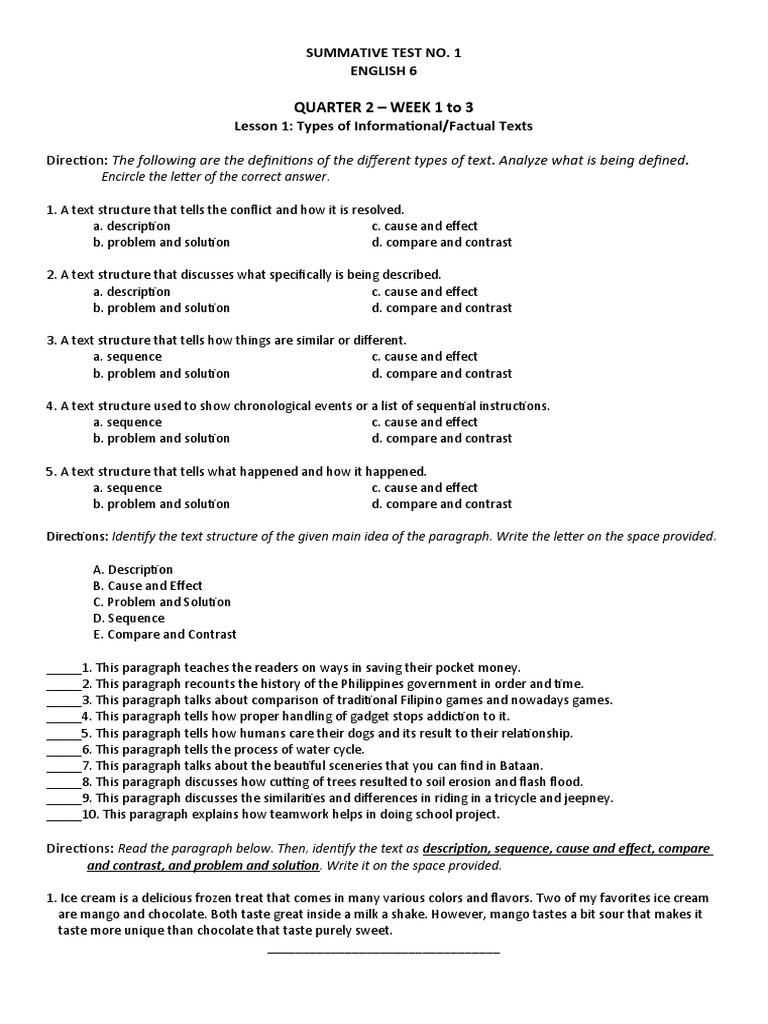 Summative 1 Eng 6 - MELC-Based (Q2) | PDF