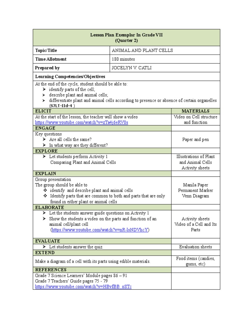 c7 Lesson Exemplar Gr.7 | PDF | Cell (Biology) | Learning