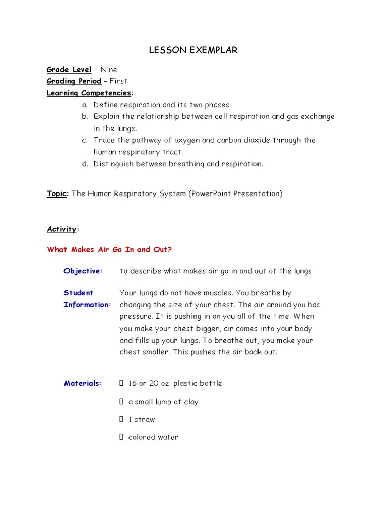 Lesson Exemplar - Respiratory System | PDF | Lung | Respiratory Tract