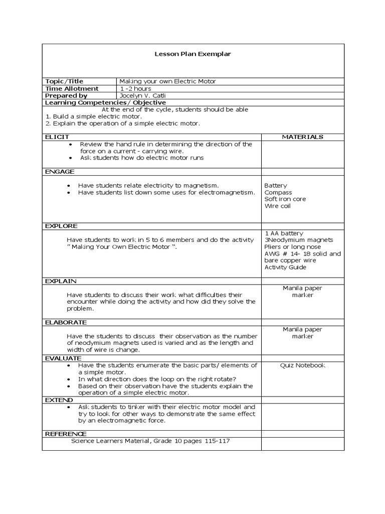 Lesson Plan Exemplar | PDF | Electric Motor | Magnetic Field