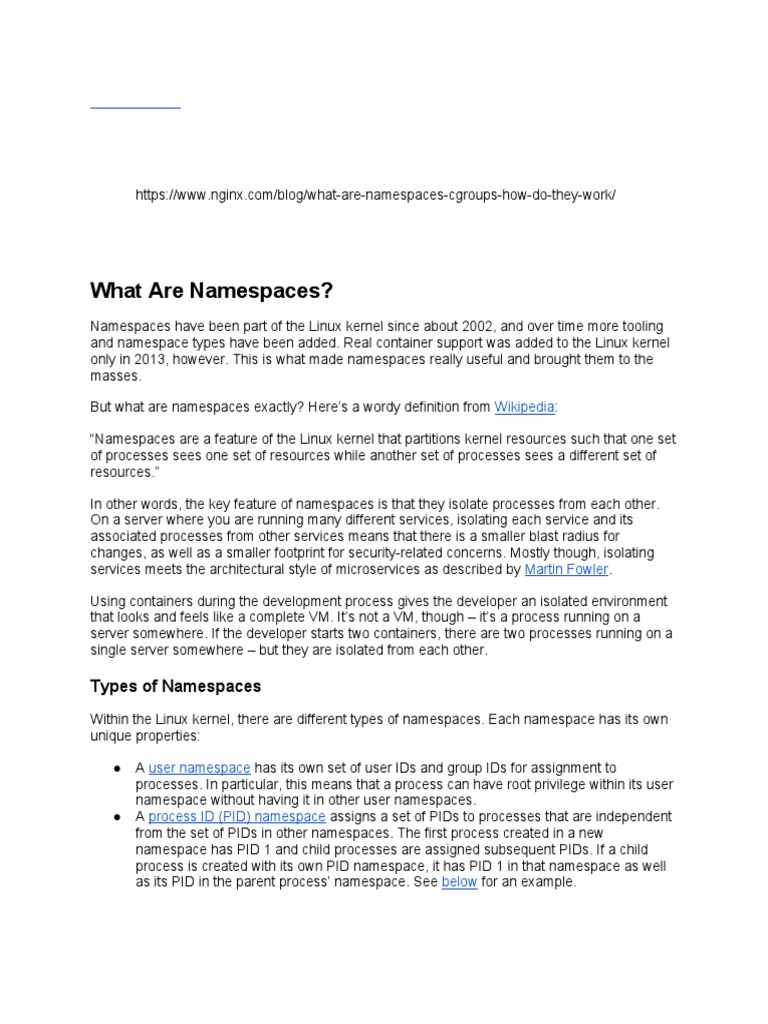 Namespaces and cgroups: kernel features for isolation | PDF | Information Technology Management ...