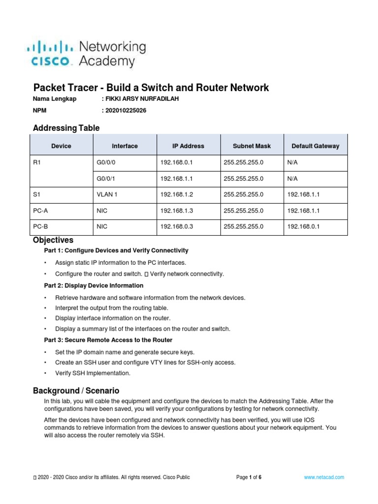 19 4 4 Packet Tracer Build A Switch And Router Network Fikki Arsy Nurfadilah Tf3b