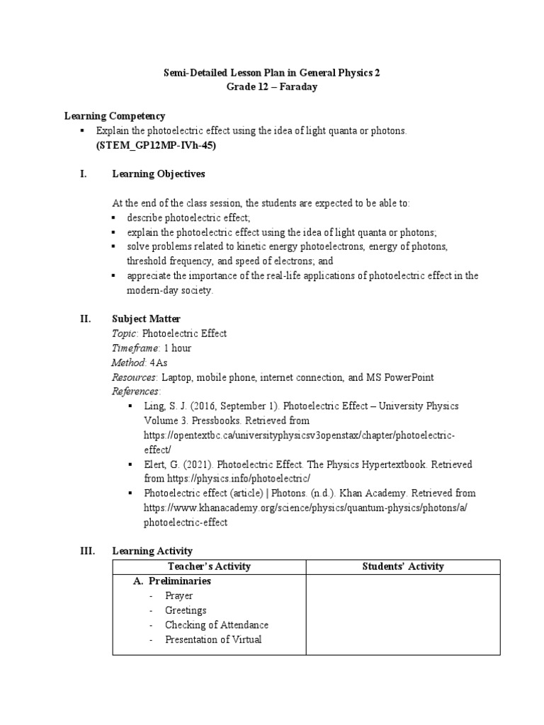 Lesson Plan: Photoelectric Effect in Physics | PDF | Photoelectric Effect | Electron