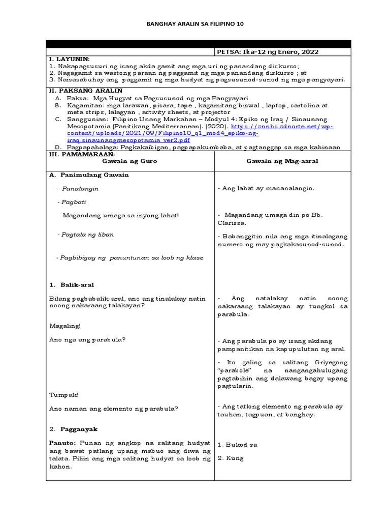 Banghay Aralin Filipino 10 | PDF