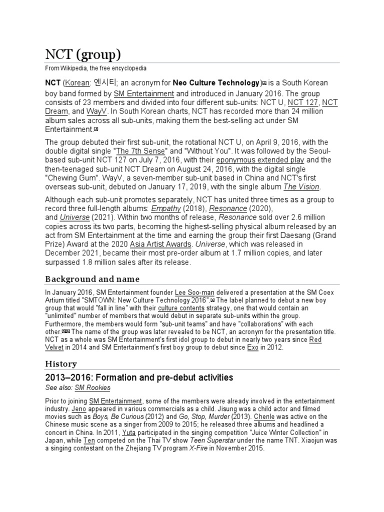 NCT (group) : NCT (Korean: 엔시티; an acronym for Neo Culture Technology) | PDF | Pop Music | Musicians