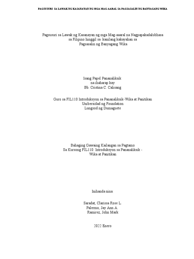 Lawak NG Kasanayan NG Mga Mag-Aaral Sa Pagsasalin | PDF