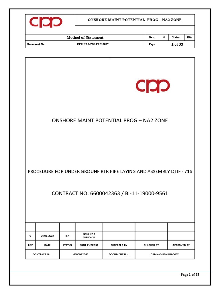 CPP-NA2-PM-PLN-0007 Procedure For Under Ground RTR | PDF | Pipe (Fluid Conveyance) | Screw