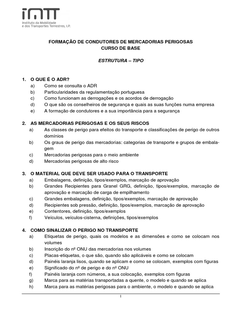 Estrutura Manual Curso Adr Base | PDF | Transporte | Embalagem e rotulagem