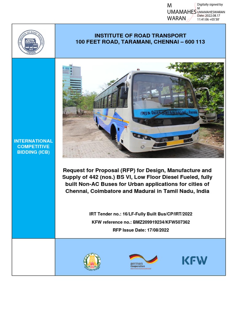 TN Bus Tender India 2022 - TD Irt202899 Nit RFP 12m Long 400mm Floor Height Lowfloor City Bus ...