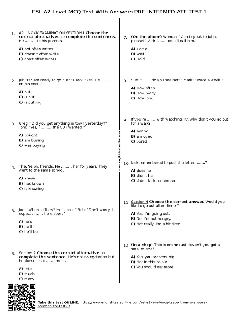 677 Esl A2 Level MCQ Test With Answers Pre Intermediate Test 1 | PDF ...