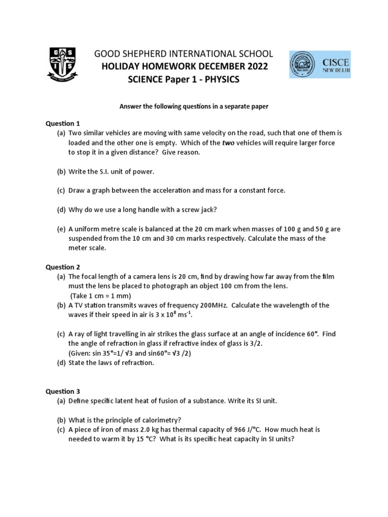 10 Icse Physics Holiday Homework | PDF | Refraction | Mass