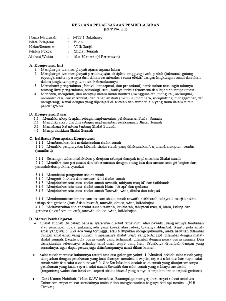 RPP FIQH KELAS 8 Sholat Sunnah | PDF