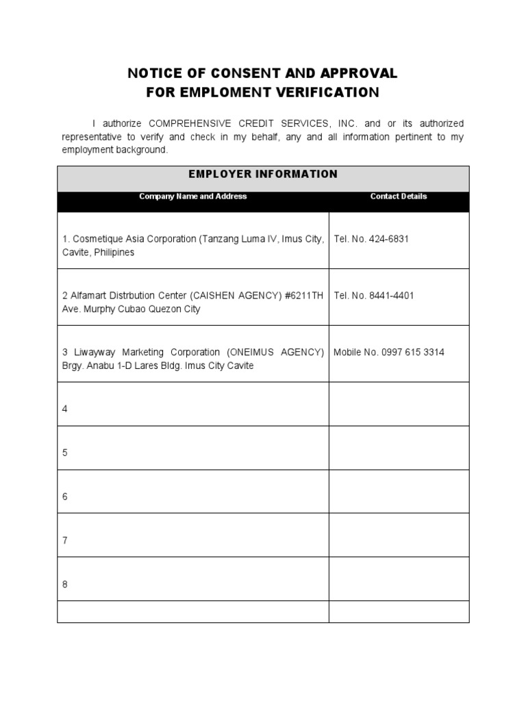 Form - Notice of consent and approval for employment verification | PDF