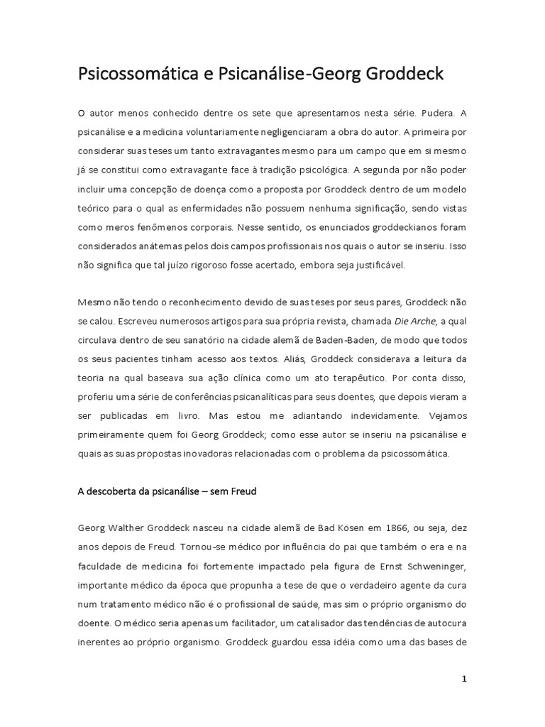 Psicossomática e Psicanálise Georg Groddeck | PDF | Sigmund Freud ...