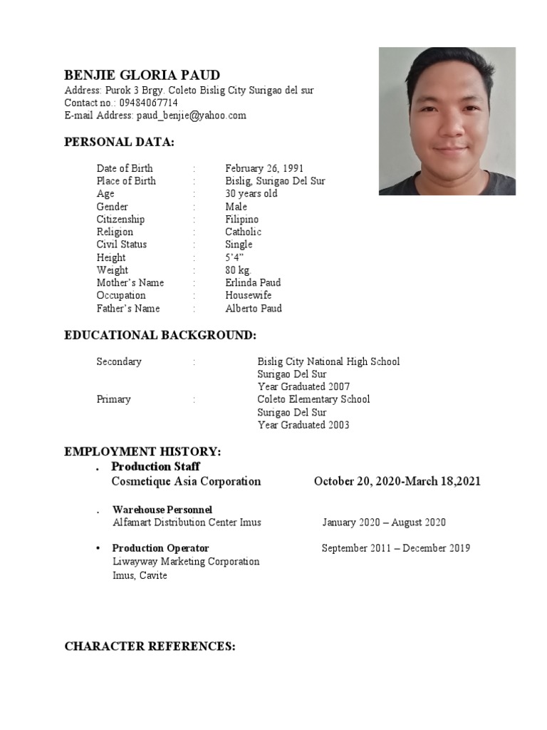 Bislig City Resume for Benjie Gloria Paud | PDF