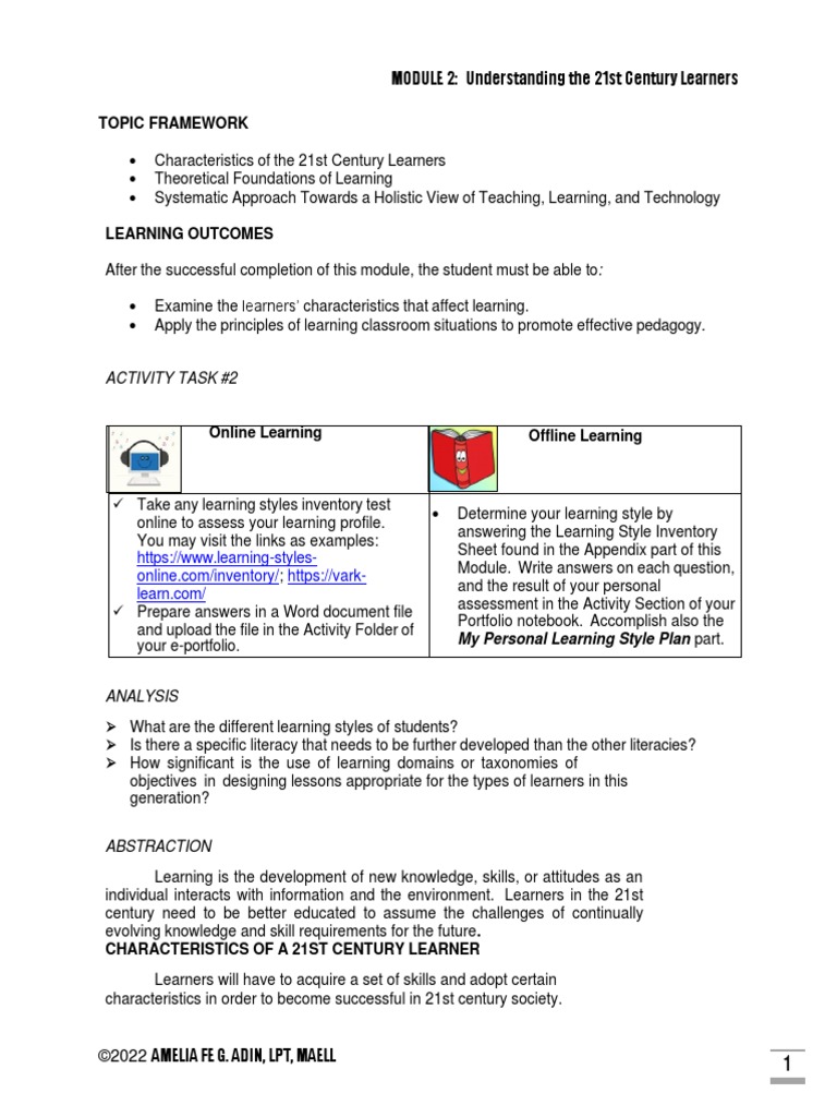 MODULE 2: Understanding The 21st Century Learners: Topic Framework ...