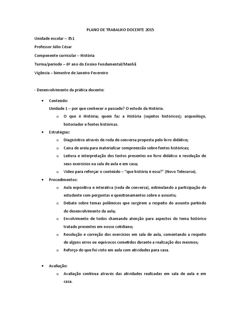 01 PLANO DE TRABALHO DOCENTE 6 Ano Bim Jan Fev | PDF | Carreira e Crescimento