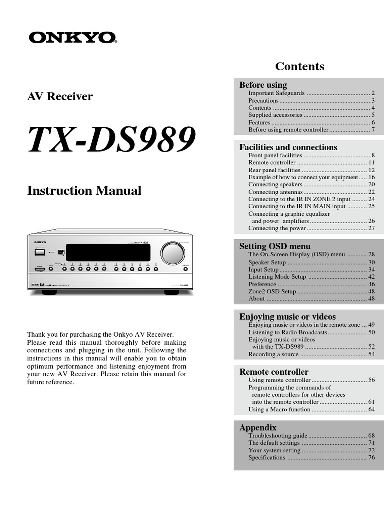 Onkyo tx-ds989 - Manual - e | PDF | Ac Power Plugs And Sockets ...