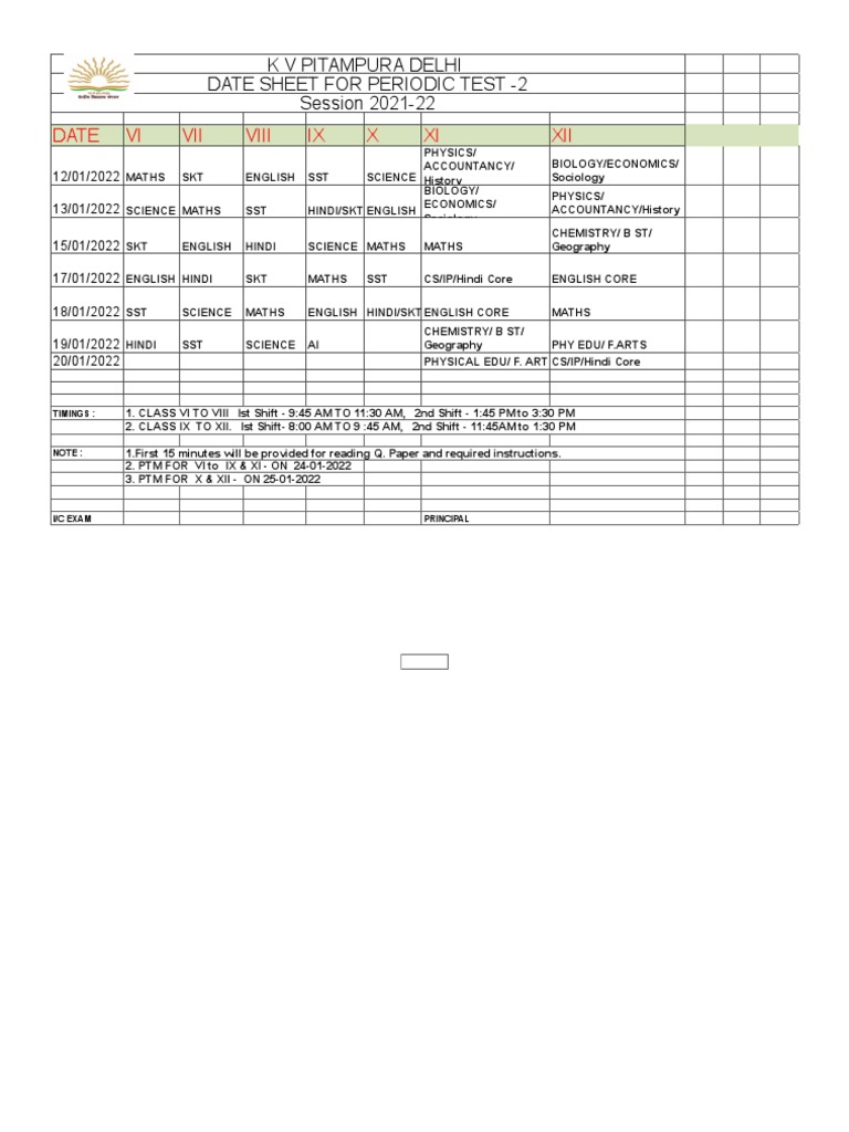 PT2 Date Sheet 2021-22 | PDF