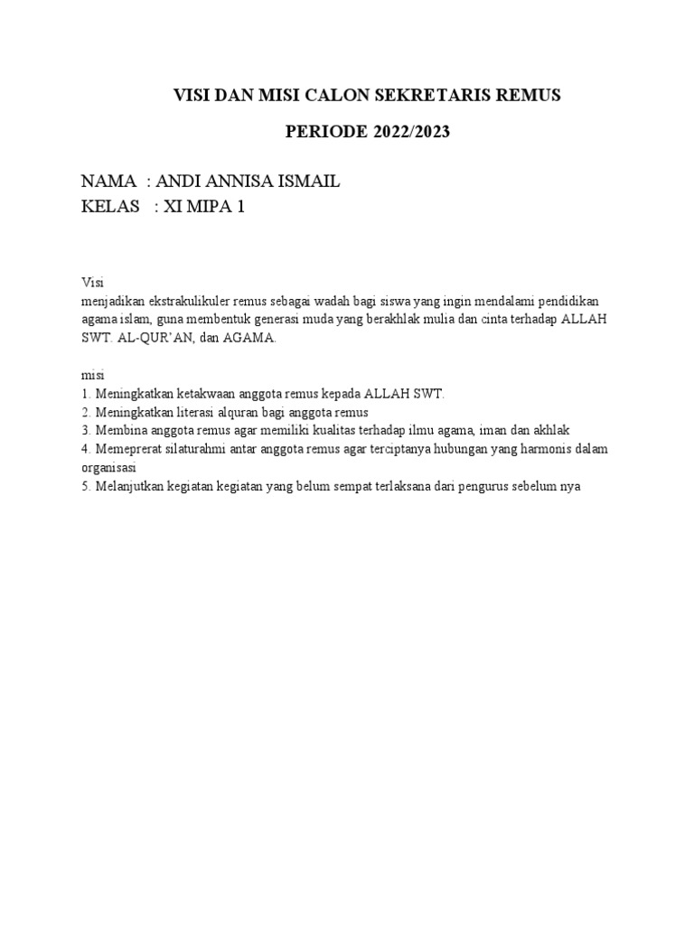 Visi Misi Calon Sekretaris Remus. Andi Annisa Ismail | PDF