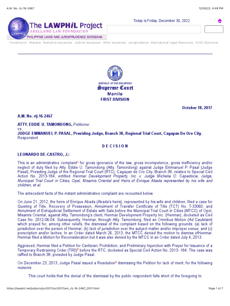 A.M. No. rtj-16-2467 Case | PDF | Lawsuit | Complaint