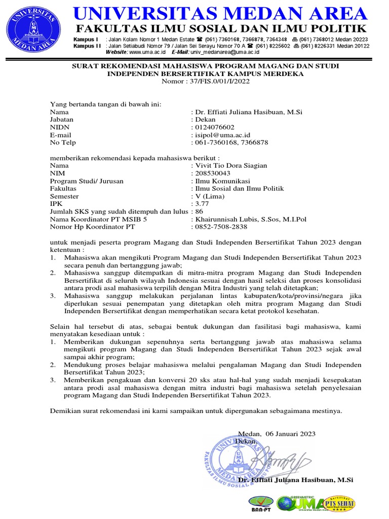 Surat Rekomendasi Magang 208530043 | PDF