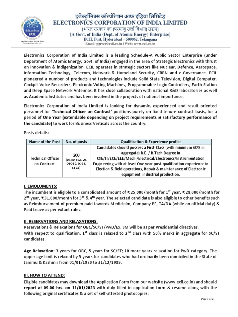 Notification ECIL Technical Officer Posts | PDF | Electrical Engineering