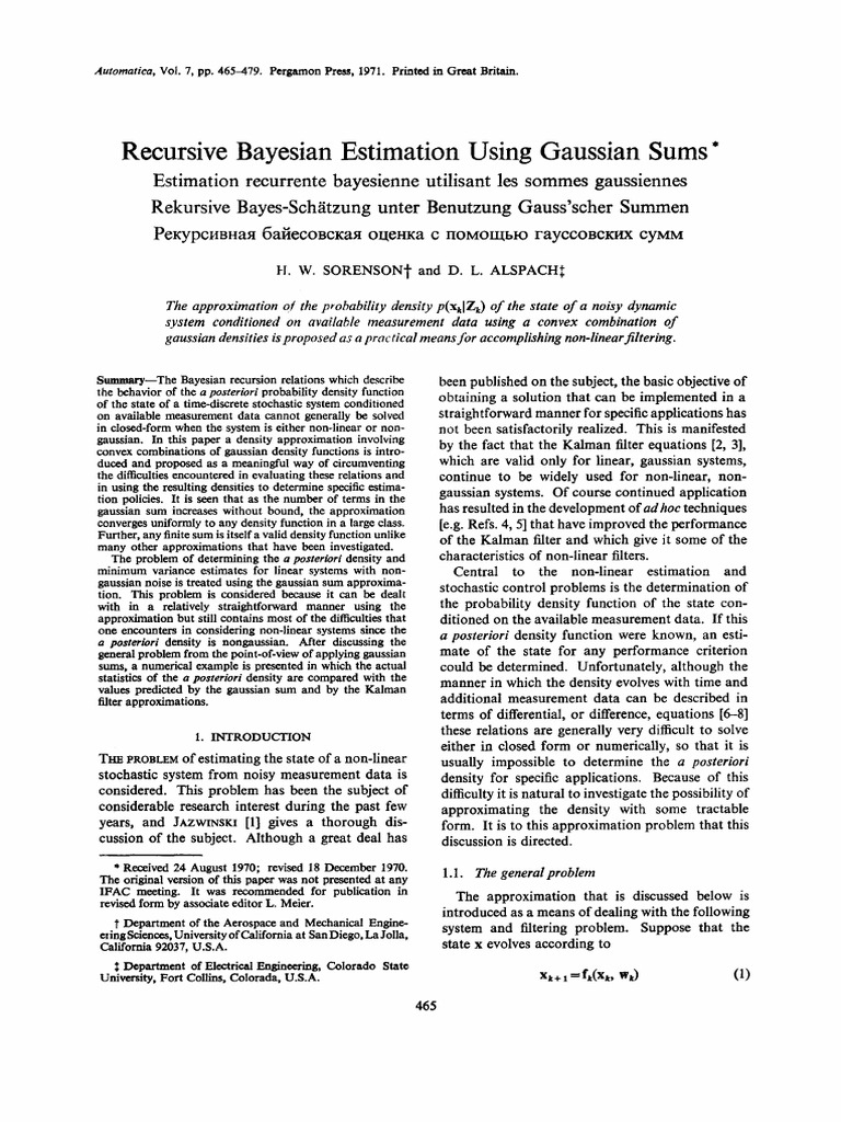 Recursive Bayesian Estimation Using Gaussian Sums Pdf Normal Distribution Kalman Filter