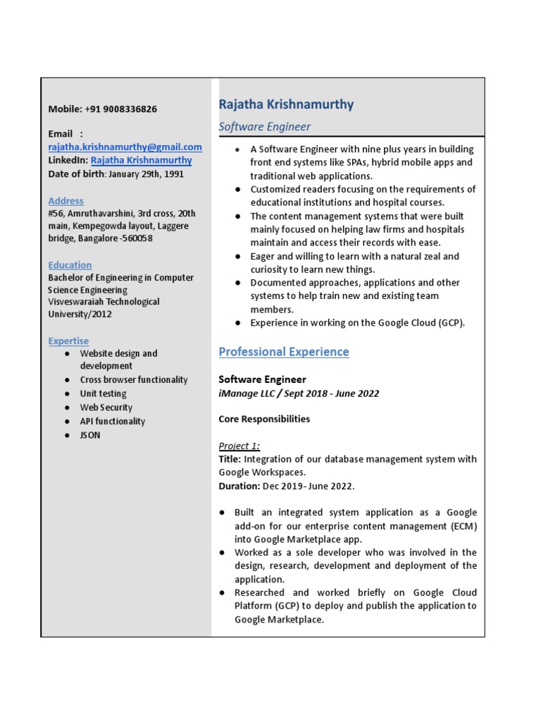 Rajatha CV | PDF | Application Software | Cloud Computing