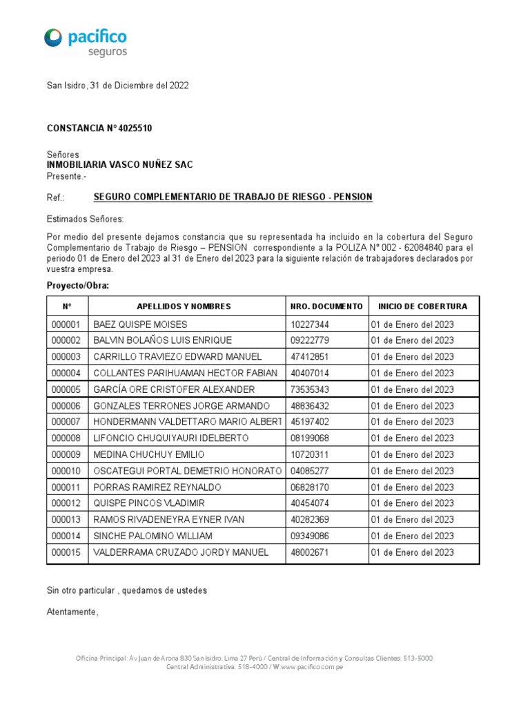 Constancia SCTR Pensión - Enero 2023 | PDF