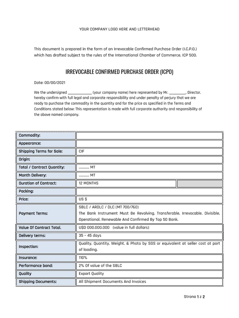 Irrevocable Confirmed Purchase Order (ICPO | PDF | Letter Of Credit | Business