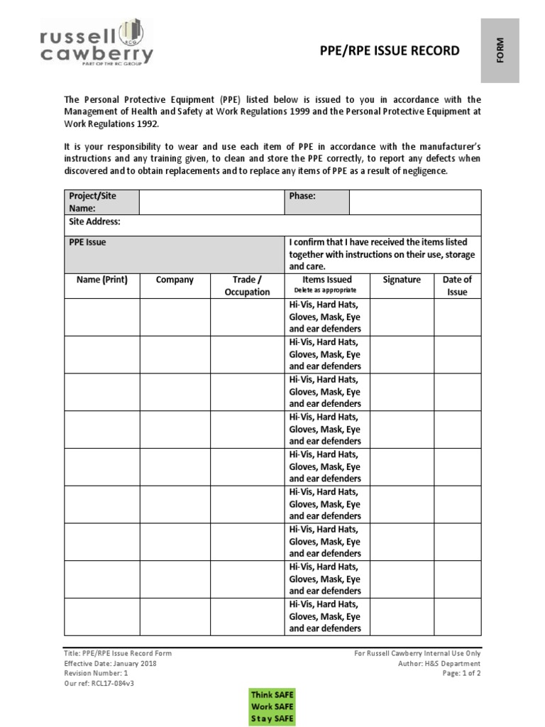 RCL17-084v3 - PPE-RPE Issue Record Form 2018 | PDF | Personal ...