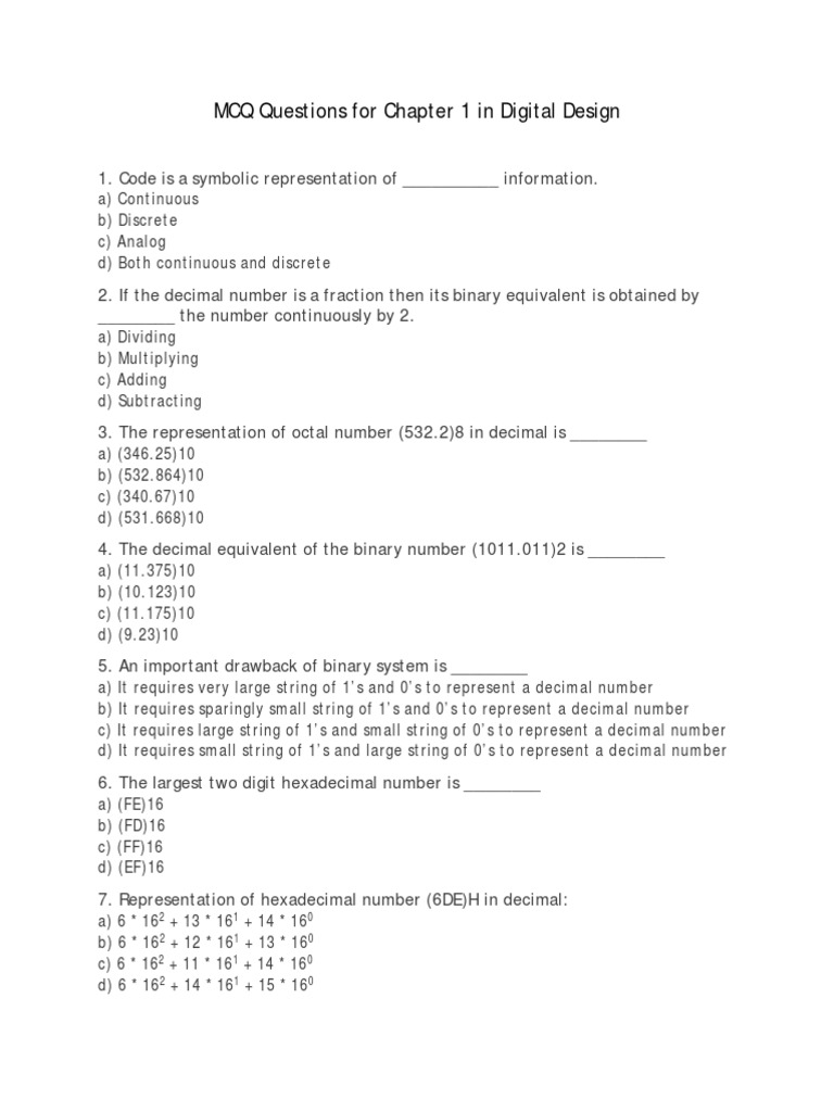 MCQ Questions For Chapter 1 in Digital Design | PDF | Binary Coded Decimal | Logic Gate