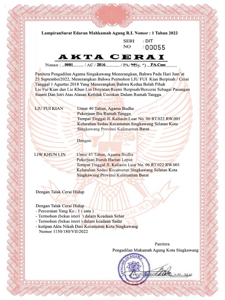 Contoh Akta Cerai Resmi 2022 | PDF