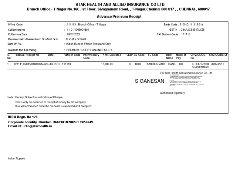 Health Insurance Receipt 2022 | PDF | Insurance | Corporate Law