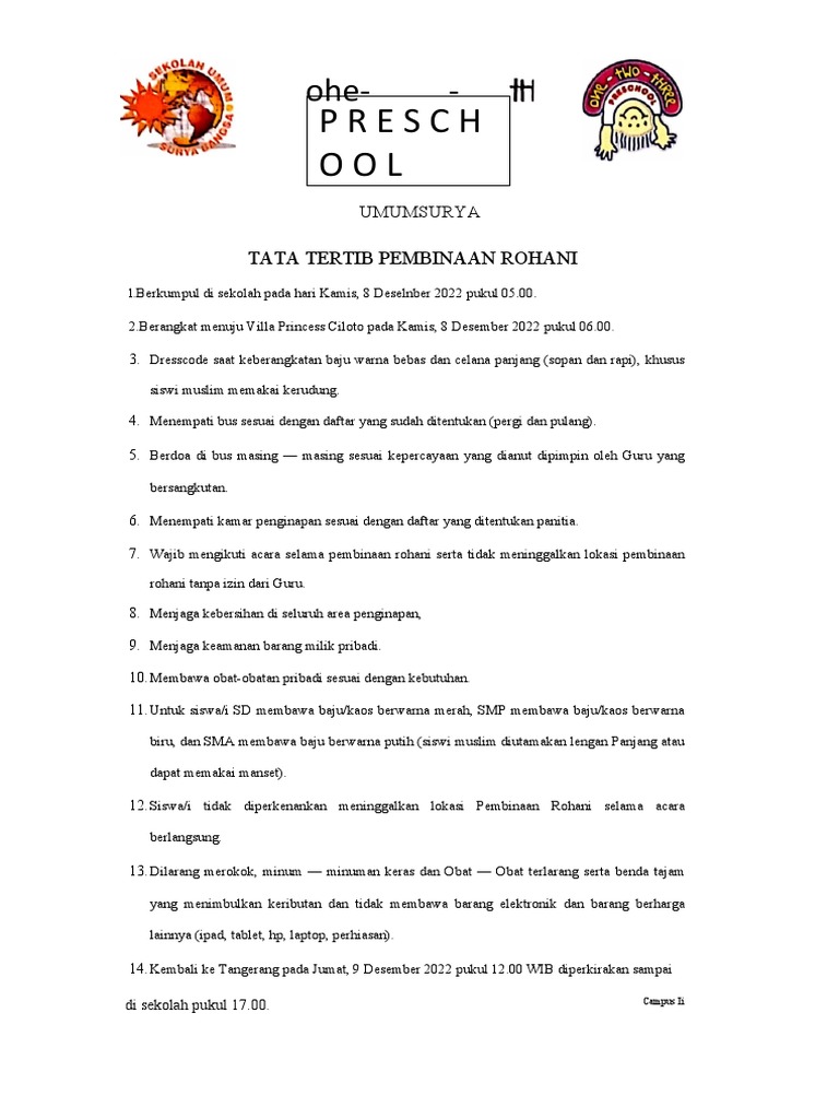 Tata Tertib Kegiatan Pembinaan Rohani Sekolah Umus Surya | PDF