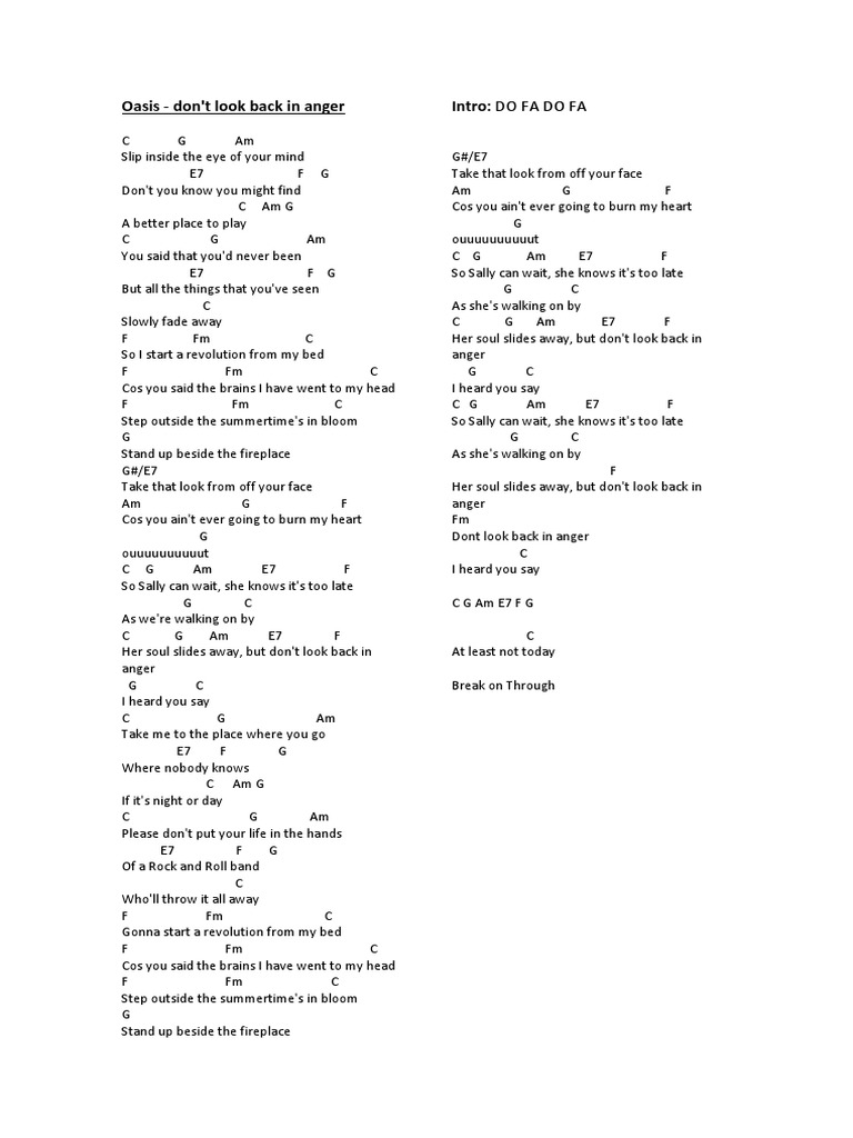Oasis: Don't Look Back in Anger Lyrics | PDF
