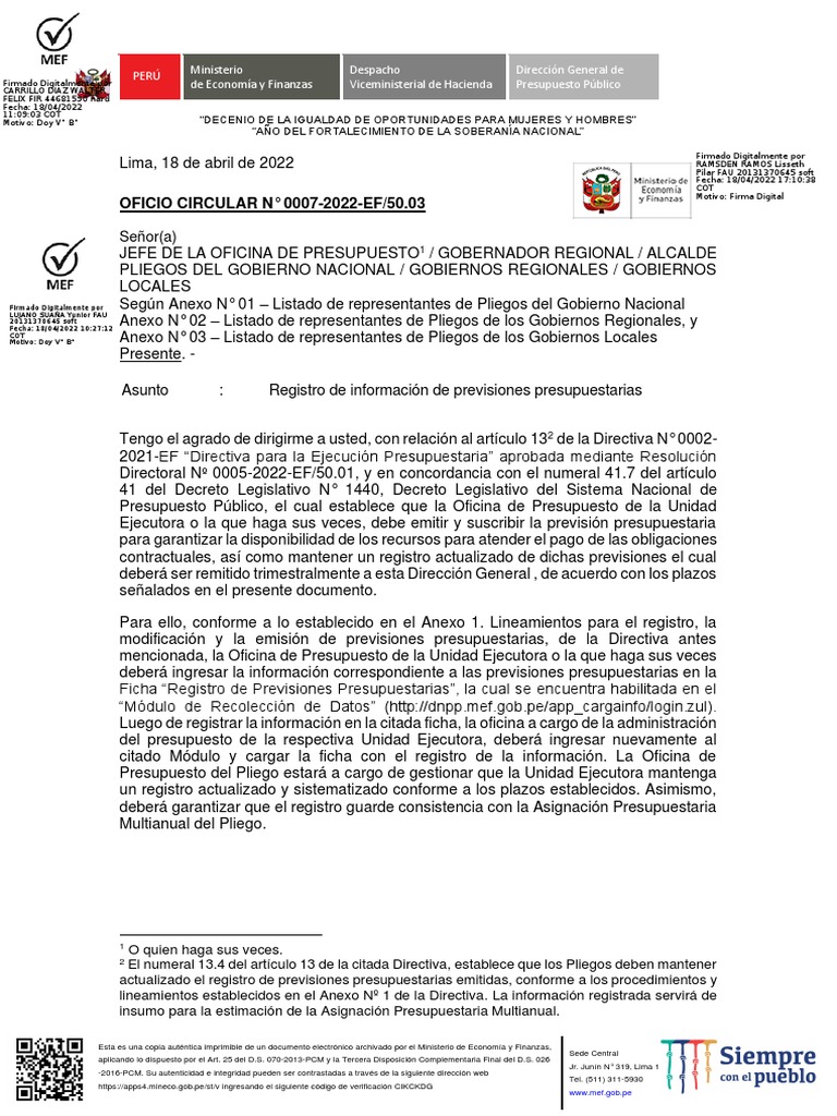 Oficio Circular 0007 2022 Ef | PDF | Presupuesto | Presupuesto del gobierno