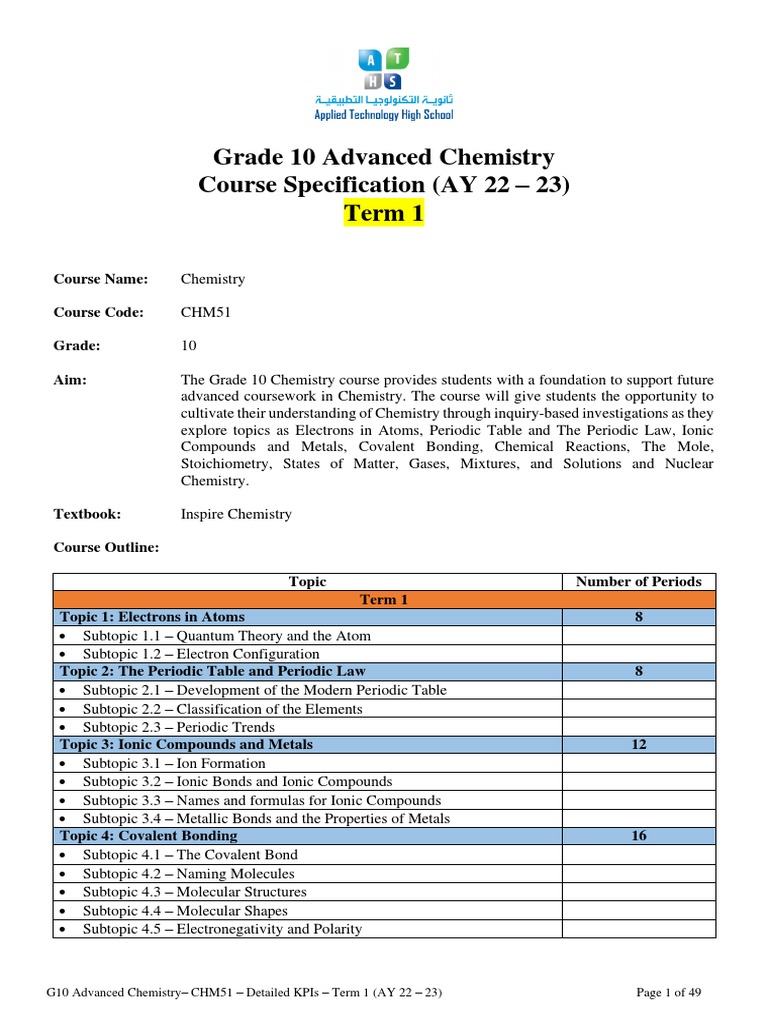 1.2-G10 Advanced Chemistry-CHM51-Detailed KPIs-Term 1 (AY 22-23) | PDF ...