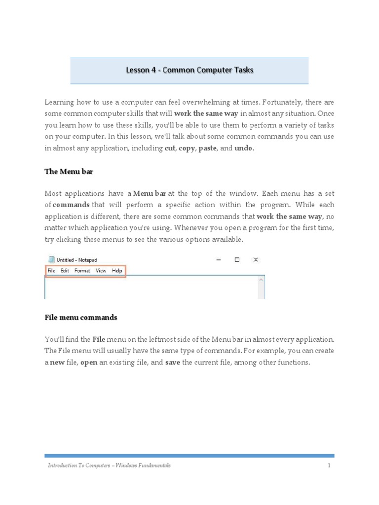 Lesson 4 - Common Computer Tasks | PDF | Menu (Computing) | Computer Keyboard