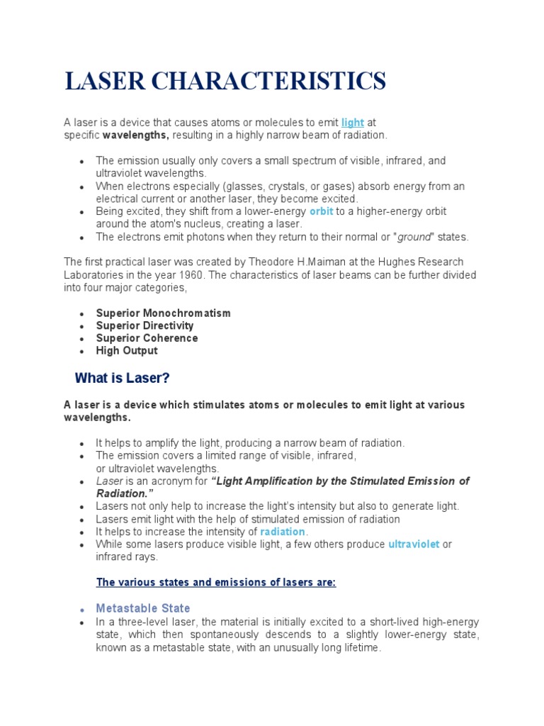Laser Characteristics | PDF | Laser | Emission Spectrum