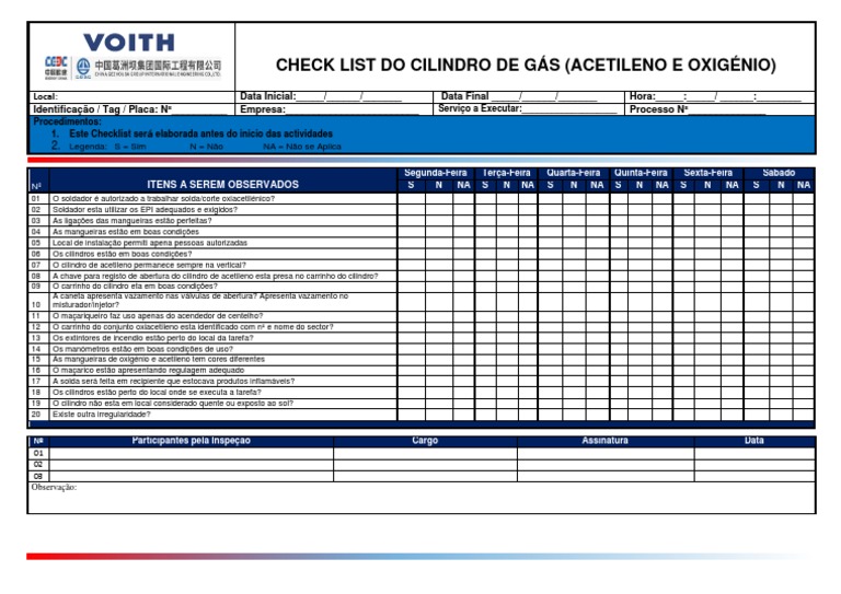 CHECK LIST DO CILINDRO DE GÁS - ACETILENO E OXIGÉNIO | PDF