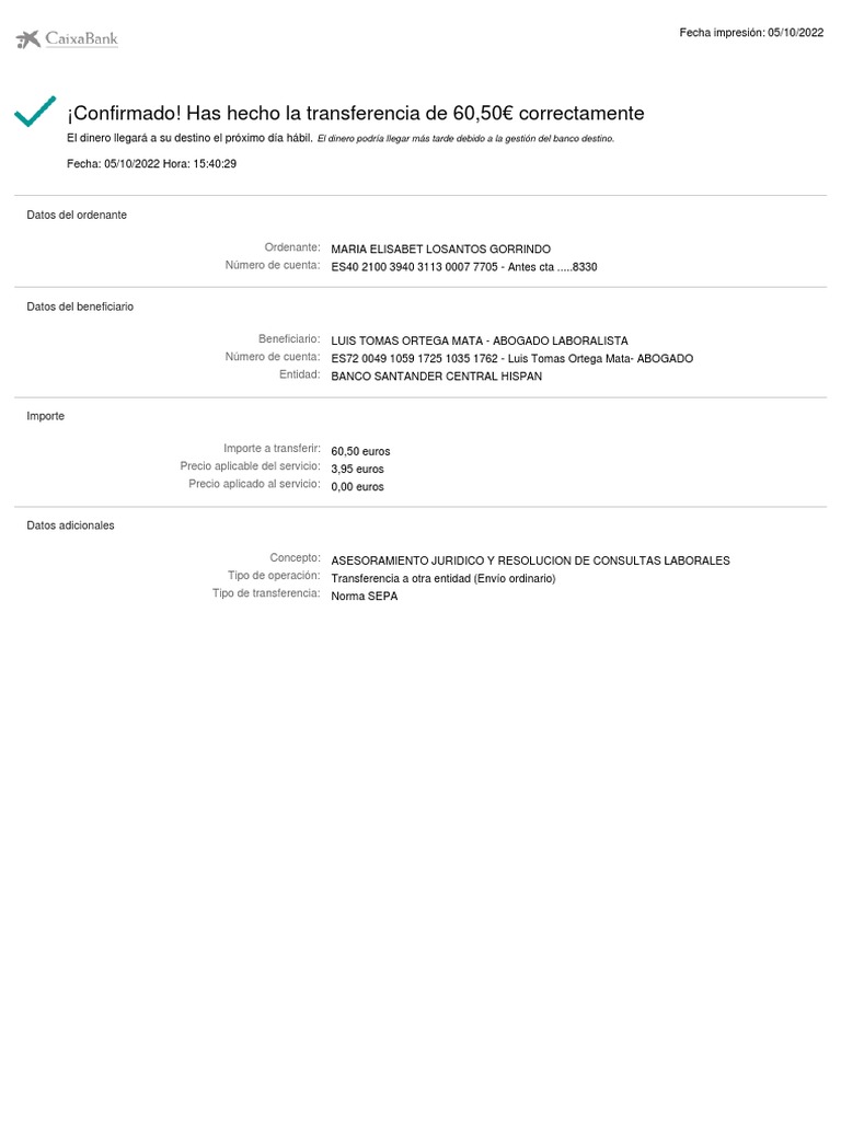 ¡Confirmado! Has Hecho La Transferencia de 60,50 Correctamente | PDF