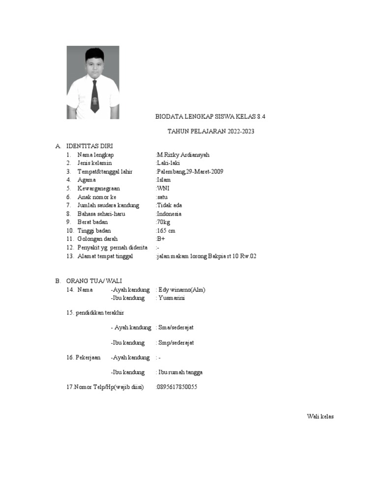 Biodata Lengkap Siswa Kelas 8 | PDF